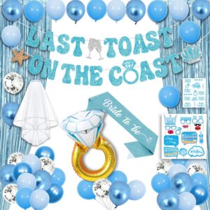 last toast on the coast bachelorette decorations, blue bachelorette party favors include last toast on the coast banner, bachelorette temporary tattoos, bride balloons bachelorette decor