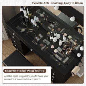 FUSOU Vanity Desk with Power Outlet, Makeup Vanity with Mirror and 12 LED Lights, 3 Lighting Modes,11 Drawers Vanity Table with Chair, Glass Top, Vanity Set for Bedroom,Dressing Room (Black)