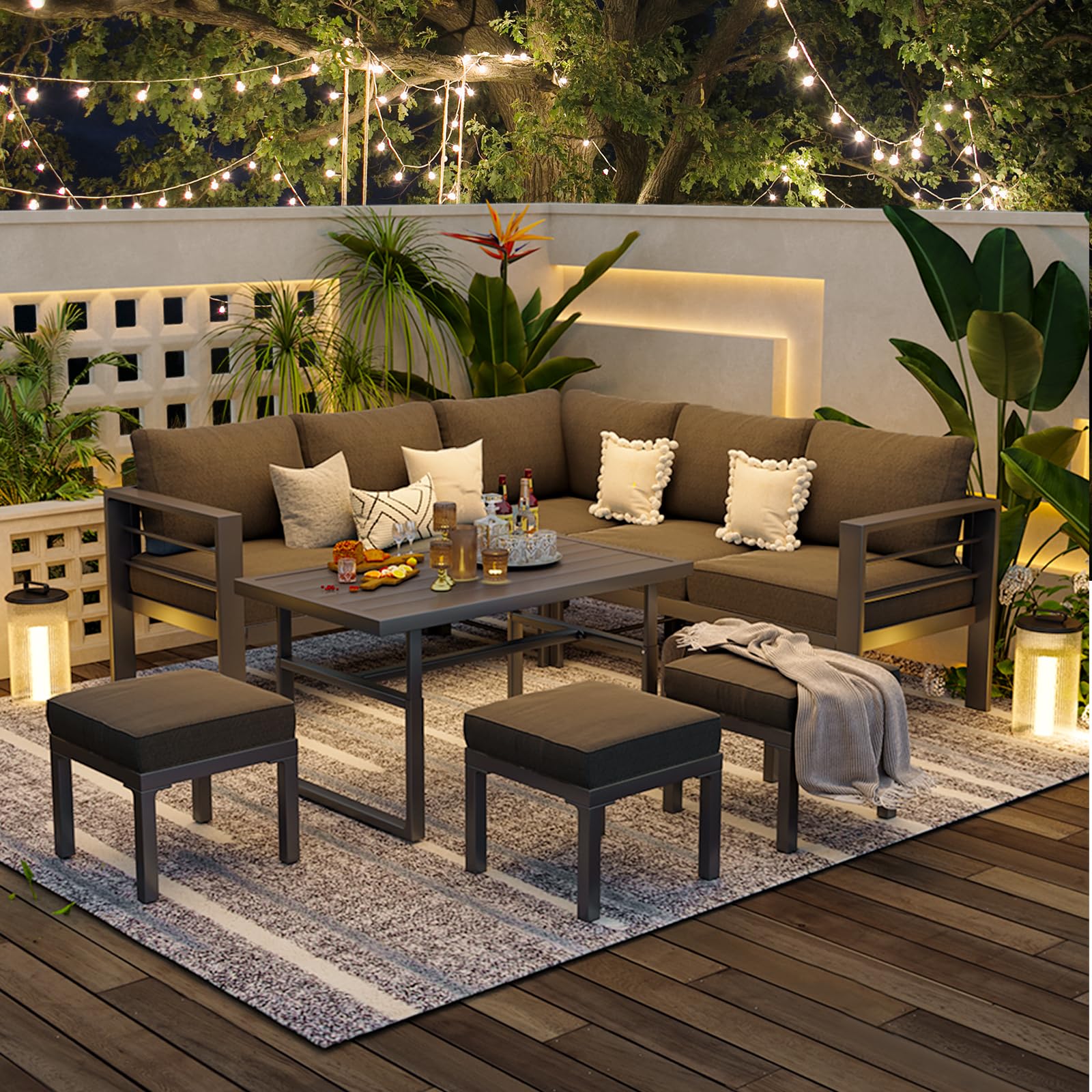 AECOJOY Aluminum Patio Furniture Set, Outdoor Modern Metal Outdoor Furniture Sofa Set, Outdoor Conversation Table and Chair Sets for Lawn, Backyard, and Deck with Dark Grey Cushions