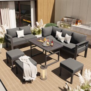 AECOJOY Aluminum Patio Furniture Set, Outdoor Modern Metal Outdoor Furniture Sofa Set, Outdoor Conversation Table and Chair Sets for Lawn, Backyard, and Deck with Dark Grey Cushions