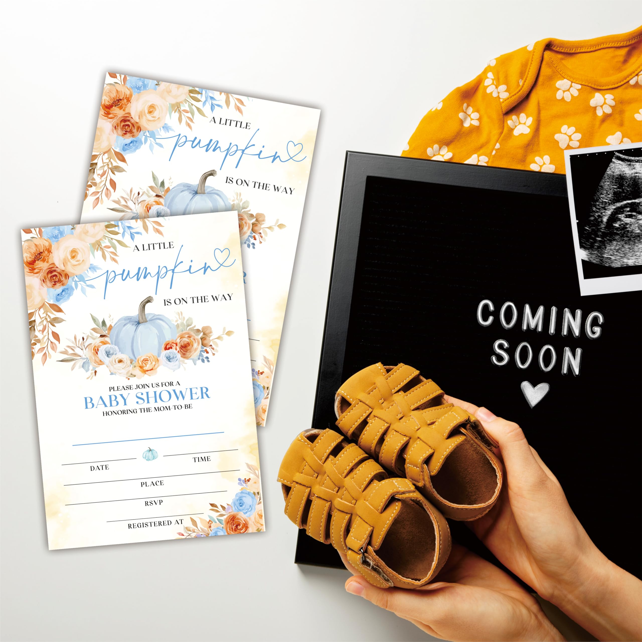 Hsupl 25 Set Double Print Baby Shower Invitation Cards(4"x6")-A Little Pumpkin Is On The Way Autumn Card-Floral Watercolor Blue Pumpkin Invitation Card With Envelope-Baby Gender Announcement-A07