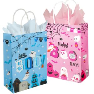 sperpand 16pcs halloween paper gift bags with tissues, small halloween treat bags with handles, halloween goodie bags for halloween party decorations favors (2 colors)