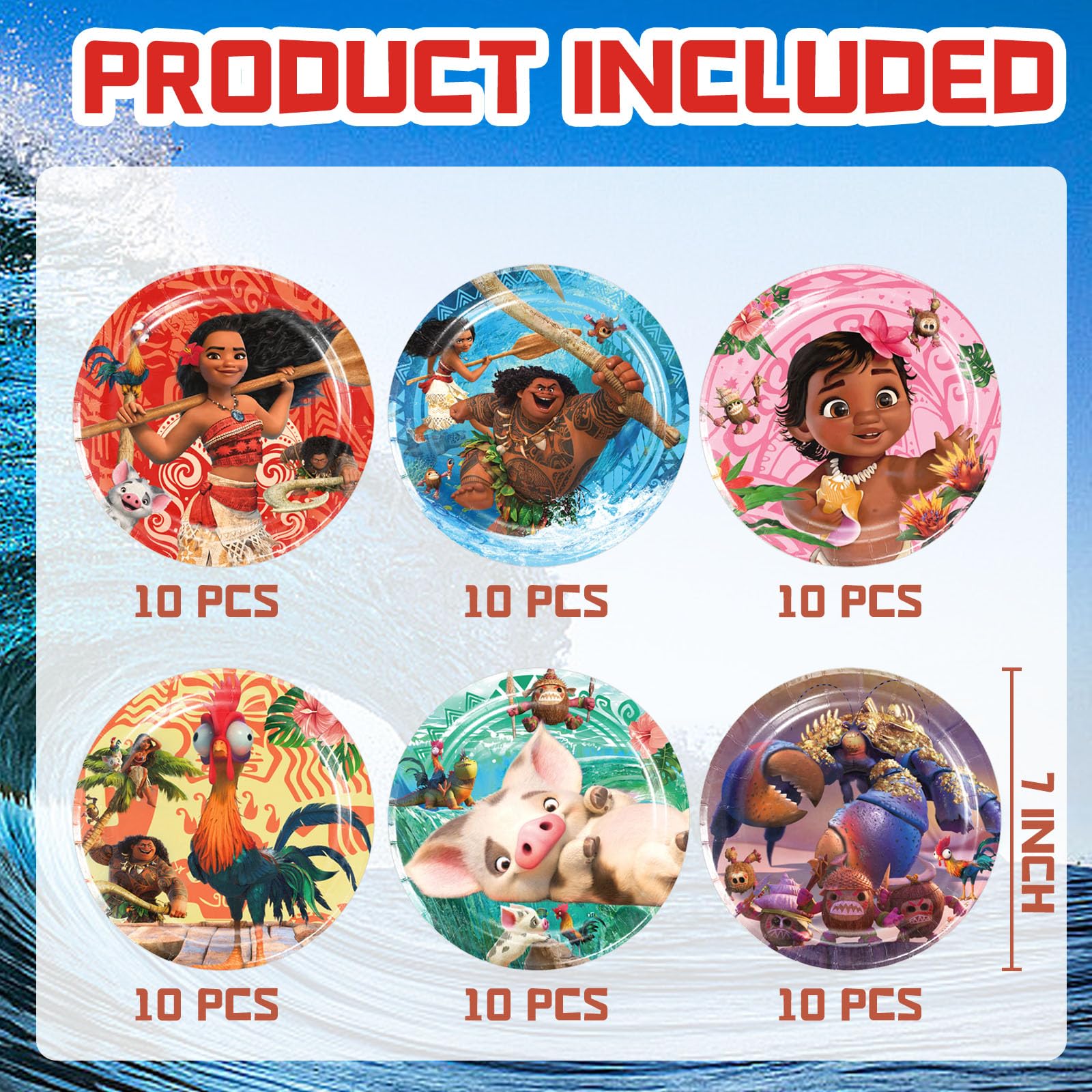 ANYMONYPF 60 Pcs Moana Party Supplies 6 styles Princess Plates Moana Disposable Plates Moana Party Decorations for Moana Party Favors