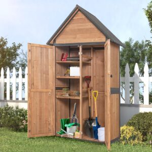 outdoor storage shed with all around strong metal frame, garden shed with adjustable shelfs, wooden tool house with floor, for backyard garden patio lawn, brown