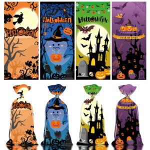 jojotree 100 pcs halloween treat bags - halloween cellophane candy bags with 110 twiststies - cello cookie goodie gift bags for trick or treat party favors supplies