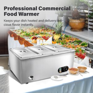 3-Pan Commercial Food Warmer,21 QT Electric Countertop Food Warmer,Stainless Steel Buffet Bain Marie Servers with Temp Control 86-185°F, Steam Table Food Warmer for Catering Parties Restaurants 1200 W