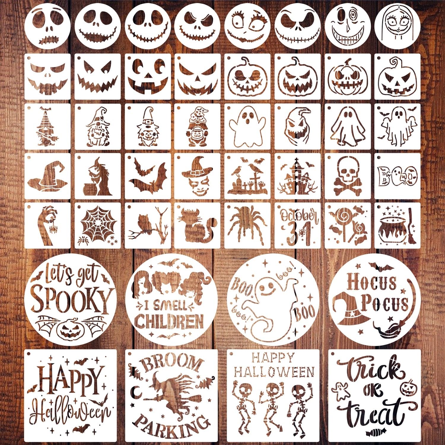 48 PCS Halloween Stencils Reusable, Ghost Bat Witch Spider Pumpkin Stencils for Painting on Wood DIY Crafts Ornaments Wood Slice Halloween Decoration