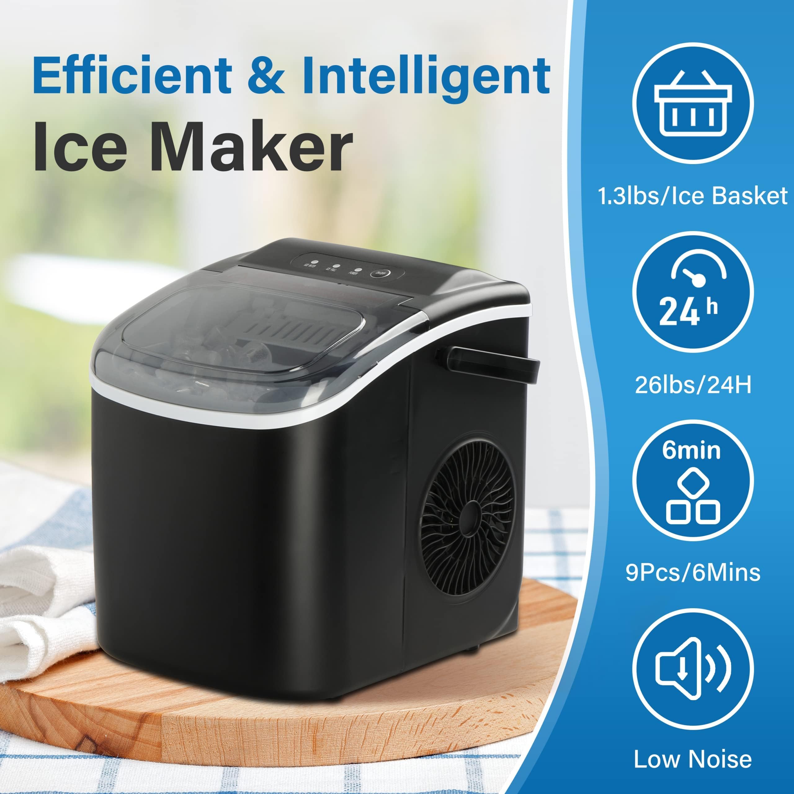 HealSmart Ice Maker for Countertop, 9 Ice Cubes Ready in 6 Mins, 26lbs Ice/24Hrs, with Self-Cleaning Feature, Ice Spoon and Basket, for Home, Kitchen, Camping, Party, Black