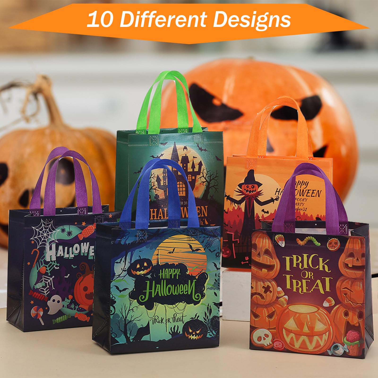 JoJotree 10 Pcs Halloween Trick or Treat Bags, Premium Non-Woven Halloween Tote Bags with Handles, Reusable Goodie Gift Bags Multipurpose Bags for Halloween Party Favors Supplies(9" x 8.6" x 4.3")