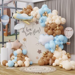 time flies balloon garland arch kit, 155pcs brown blue beige and airplane cloud star foil balloons for how time flies first birthday travel onederful world airplane party baby shower decorations