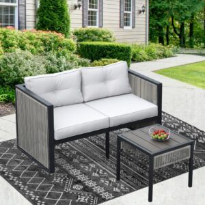 nicesoul patio furniture set heavy duty, modern outdoor loveseat sofa chair with side table, all-weather pe rattan double-layered woven rope iron frame thick cushion couch for outside backyard 2 seats