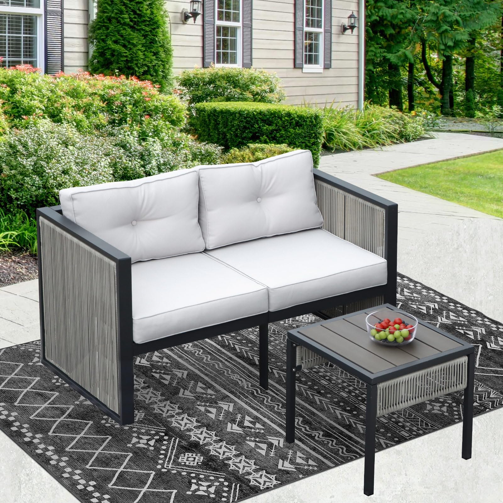 NICESOUL Patio Furniture Set Heavy Duty, Modern Outdoor Loveseat Sofa Chair with Side Table, All-Weather PE Rattan Double-Layered Woven Rope Iron Frame Thick Cushion Couch for Outside Backyard 2 Seats