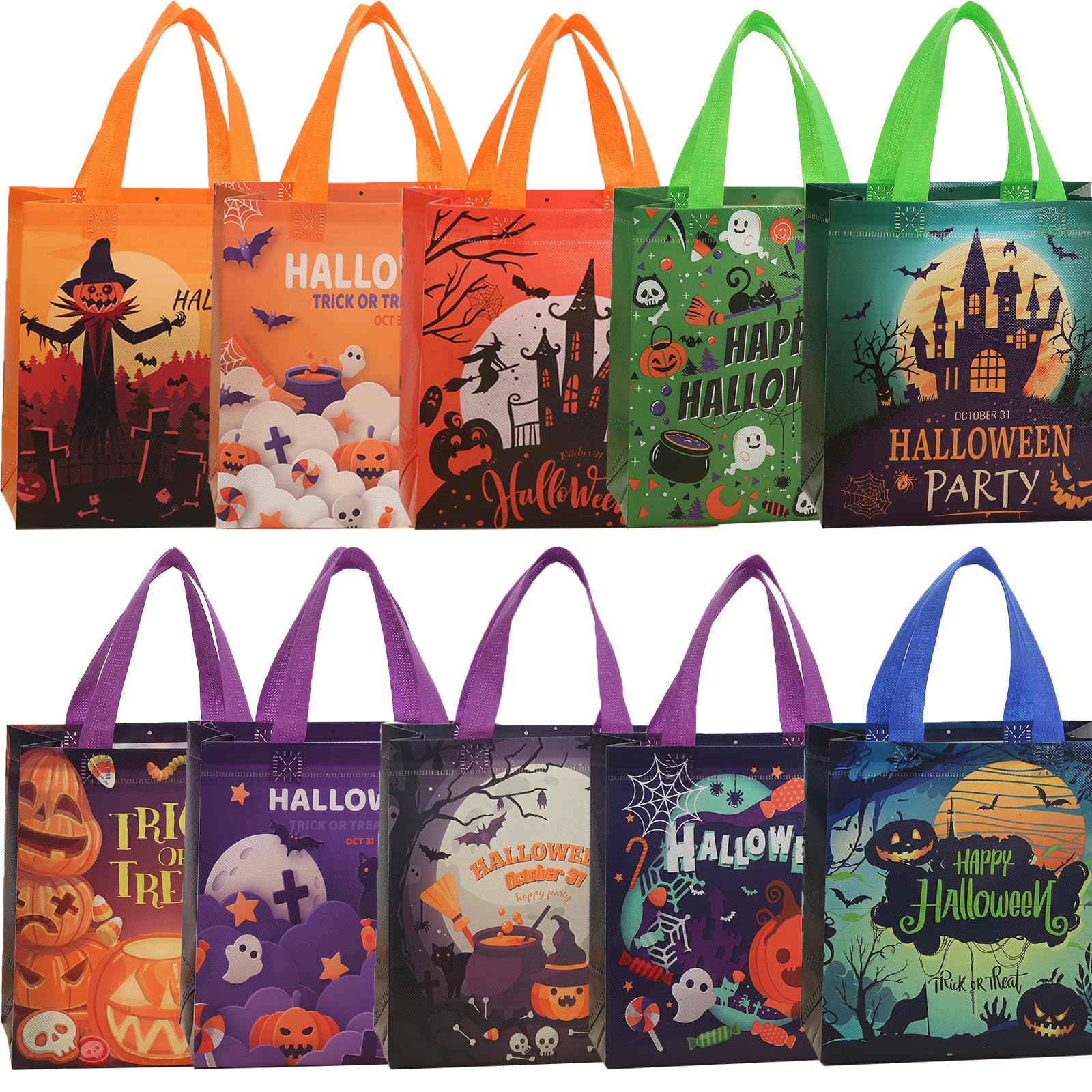 JoJotree 10 Pcs Halloween Trick or Treat Bags, Premium Non-Woven Halloween Tote Bags with Handles, Reusable Goodie Gift Bags Multipurpose Bags for Halloween Party Favors Supplies(9" x 8.6" x 4.3")