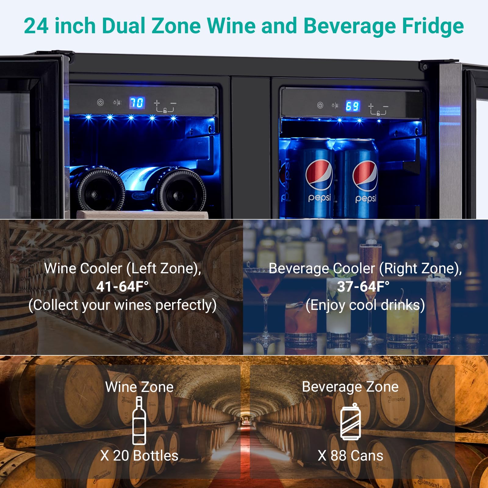 24 Inch Wine and Beverage Refrigerator, 20 Bottles & 88 Cans Wine Cooler with Dual Zone, Wine Fridge Built-In & Freestanding, 2 Safety Locks and Digital Touch Control