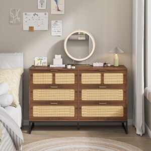 rattan 6 drawer dresser mid century modern dresser chest of drawers boho farmhouse 6 drawer cabinet with wide drawers metal legs storage dressers chest for bedroom, living room