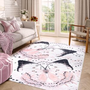 butterfly pink rugs for bedroom girls, washable 5x7 area rugs for living room ultra-thin soft nursery rug, modern insect print non slip carpet rug for kids girl classroom play room office