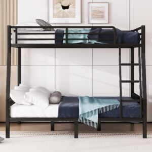 Miscoos Full XL Over Queen Bunk Beds for Adults, Heavy-Duty Metal Bunk Bed Frame with PVC Rubber Cover Ladders and Safety Full-Length Guardrails for Kids Teens Adults, Space-Saving, Black