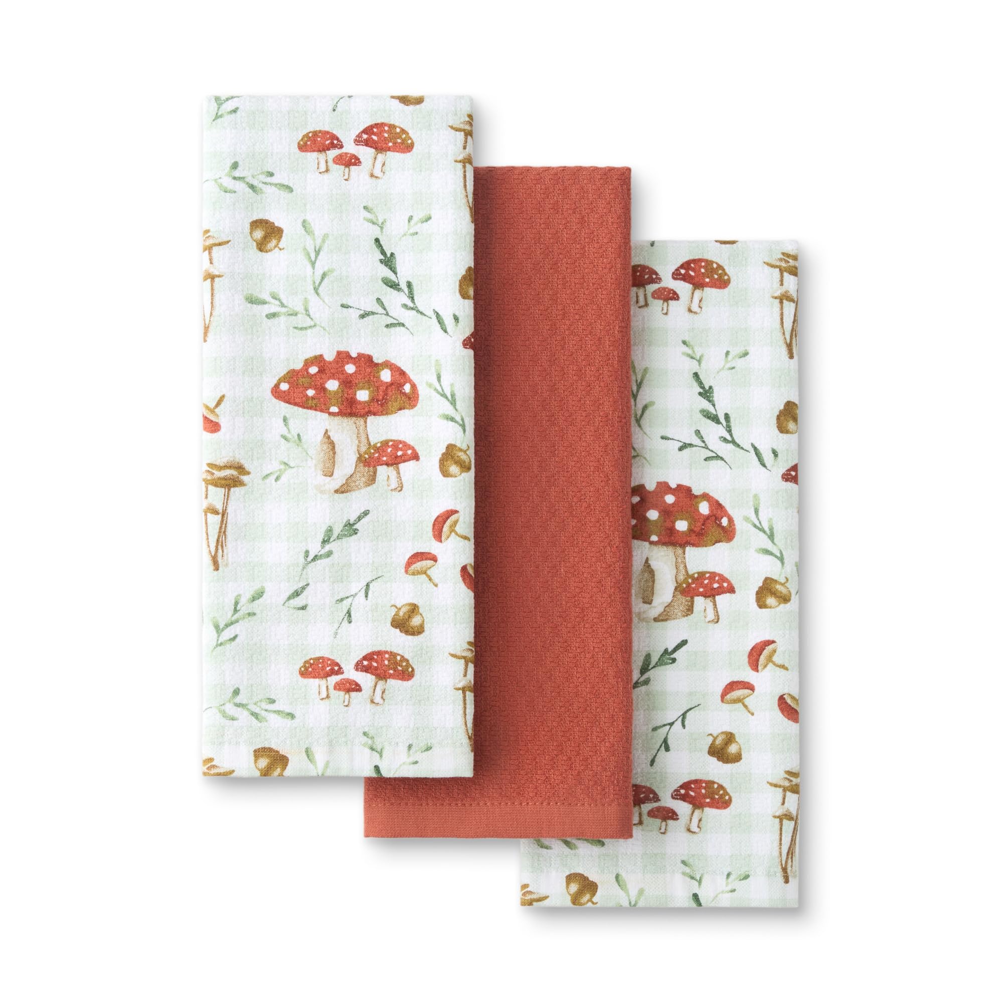 Martha Stewart Autumn Harvest Mushroom Plaid Kitchen Towel 3-Pack Set, 100% Cotton with Absorbent Terrycloth, Decorative Kitchen Towels, Burnt Orange/Green/White, 16"x28"