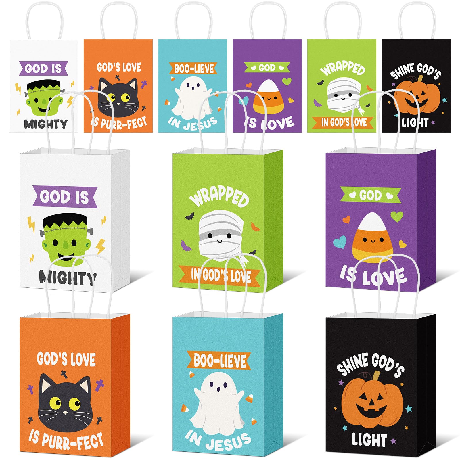 Sweetude 30 Pieces Religious Halloween Paper Gift Bags Halloween Cat Ghost Mummy Pumpkin Tote Bag Christian Halloween Bag with Handle Halloween Candy Treat Bags for Halloween Party VBS Sunday School