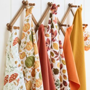 Martha Stewart Autumn Harvest Mushroom Plaid Kitchen Towel 3-Pack Set, 100% Cotton with Absorbent Terrycloth, Decorative Kitchen Towels, Burnt Orange/Green/White, 16"x28"