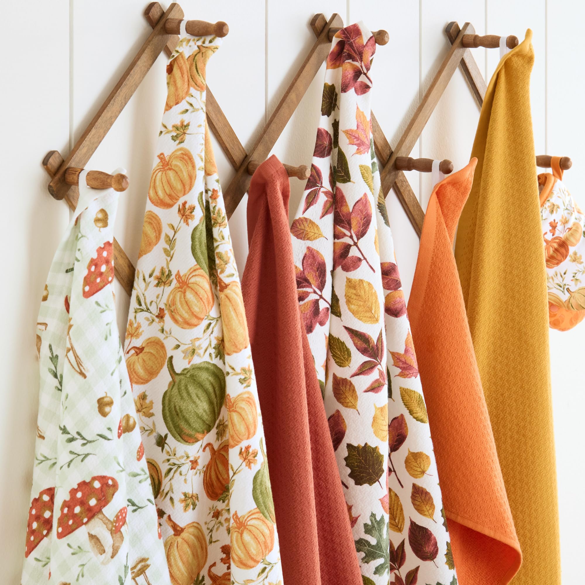 Martha Stewart Autumn Harvest Mushroom Plaid Kitchen Towel 3-Pack Set, 100% Cotton with Absorbent Terrycloth, Decorative Kitchen Towels, Burnt Orange/Green/White, 16"x28"