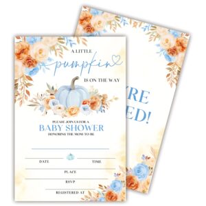 hsupl 25 set double print baby shower invitation cards(4"x6")-a little pumpkin is on the way autumn card-floral watercolor blue pumpkin invitation card with envelope-baby gender announcement-a07