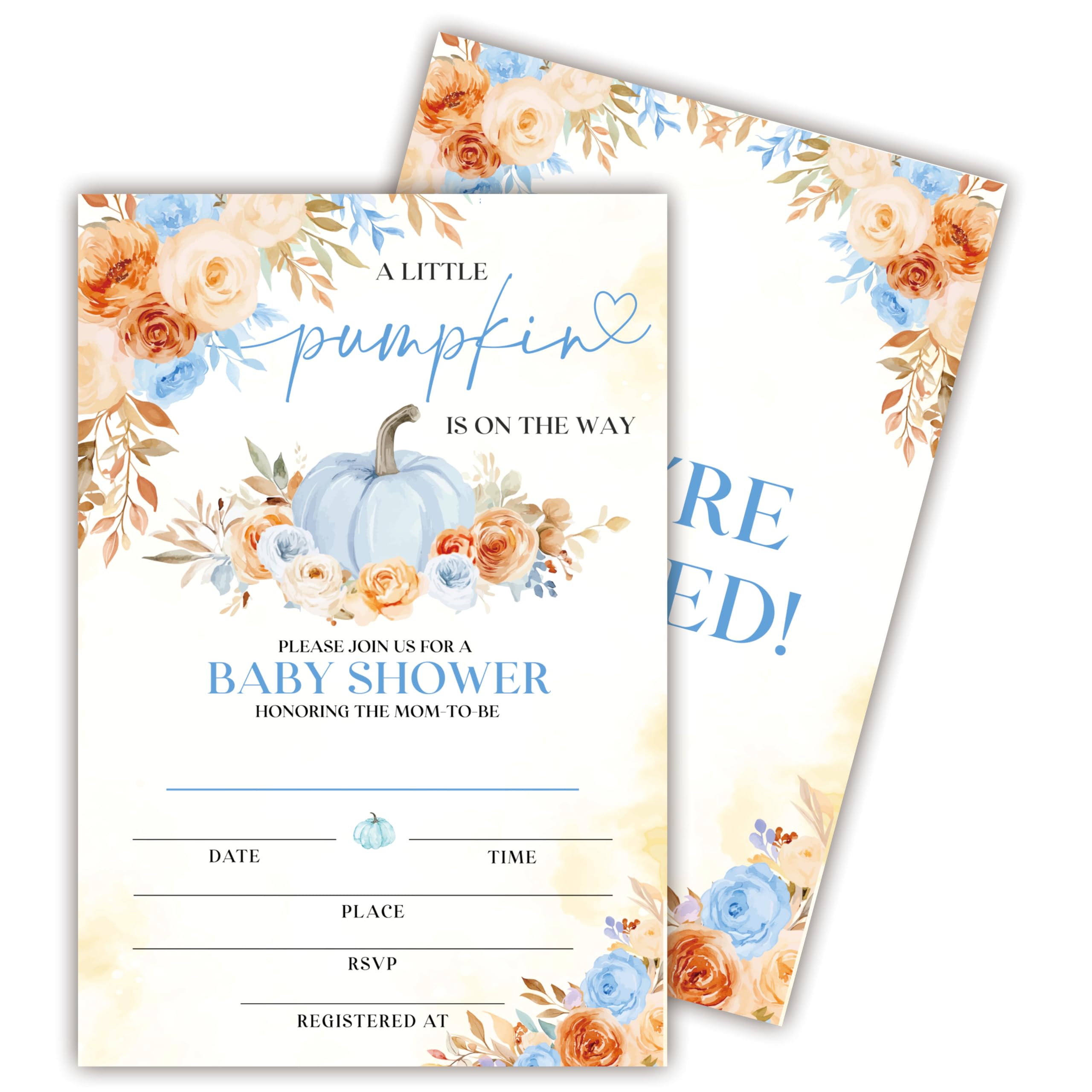 Hsupl 25 Set Double Print Baby Shower Invitation Cards(4"x6")-A Little Pumpkin Is On The Way Autumn Card-Floral Watercolor Blue Pumpkin Invitation Card With Envelope-Baby Gender Announcement-A07