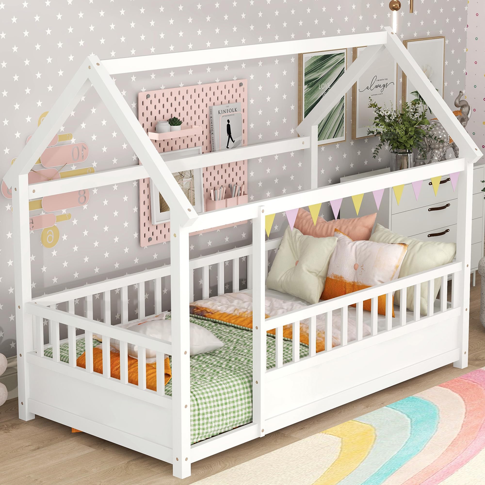 Kids Montessori Bed Twin Size, Twin Floor Bed with High Fence, House Bed for Kids, Girls, Boys, Wood Montessori Floor Bed Without Slats(White Twin)