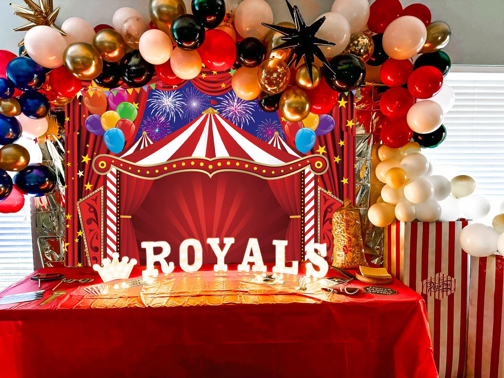 Red Circus Backdrop 7x5FT Carnival Theme Tent Photography Background Circus Amusement Park Fireworks Balloon Banner for Newborn Baby Shower Birthday Party Decorations Supplies (84x60 inch)