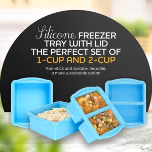 ZIP STANDING Silicone Freezer Trays with Lids, Set of 4 - with 1cup and 2 cup Silicone Freezer Molds for freezing soups, sauces and individual microwave safe