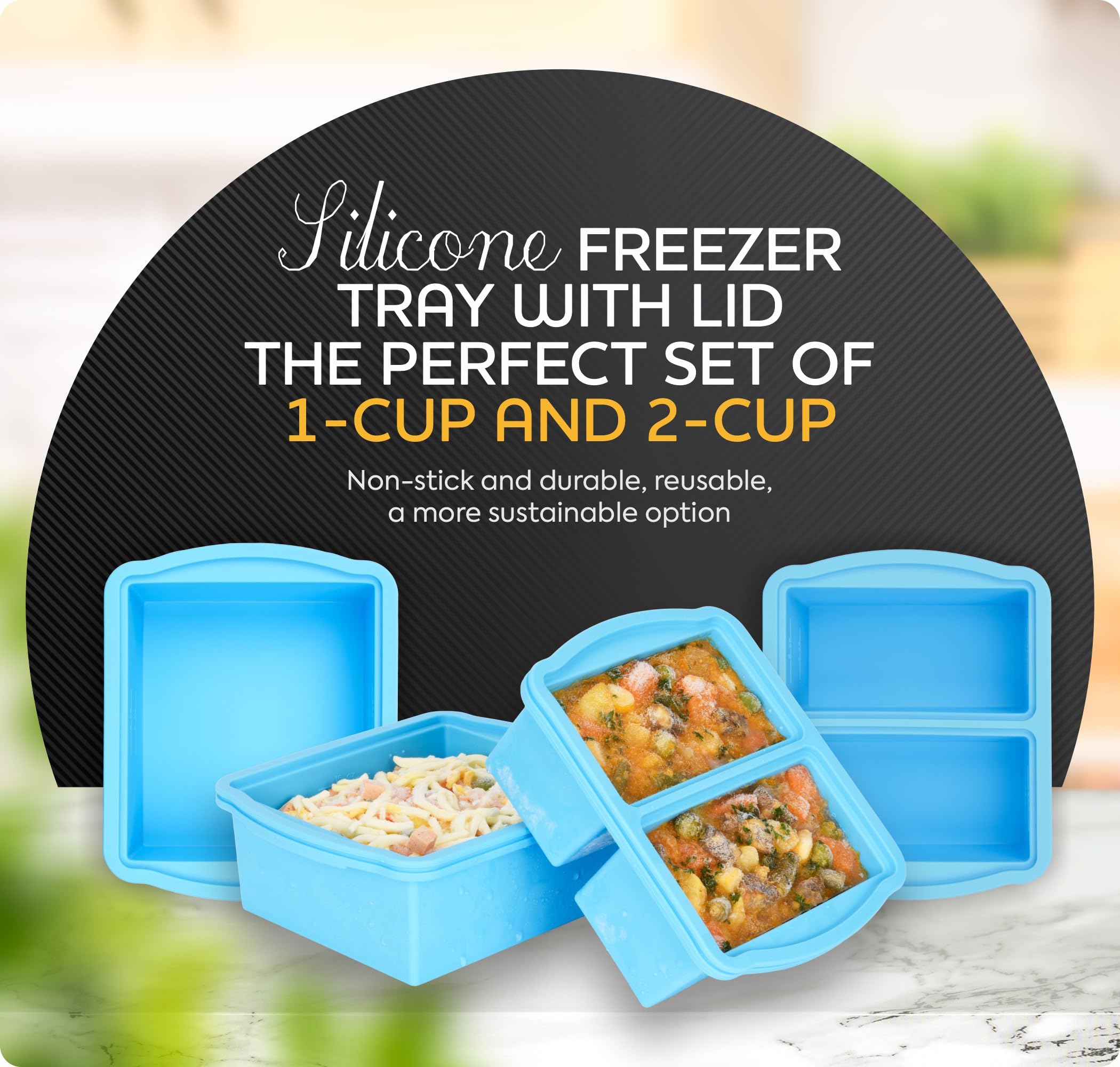 ZIP STANDING Silicone Freezer Trays with Lids, Set of 4 - with 1cup and 2 cup Silicone Freezer Molds for freezing soups, sauces and individual microwave safe