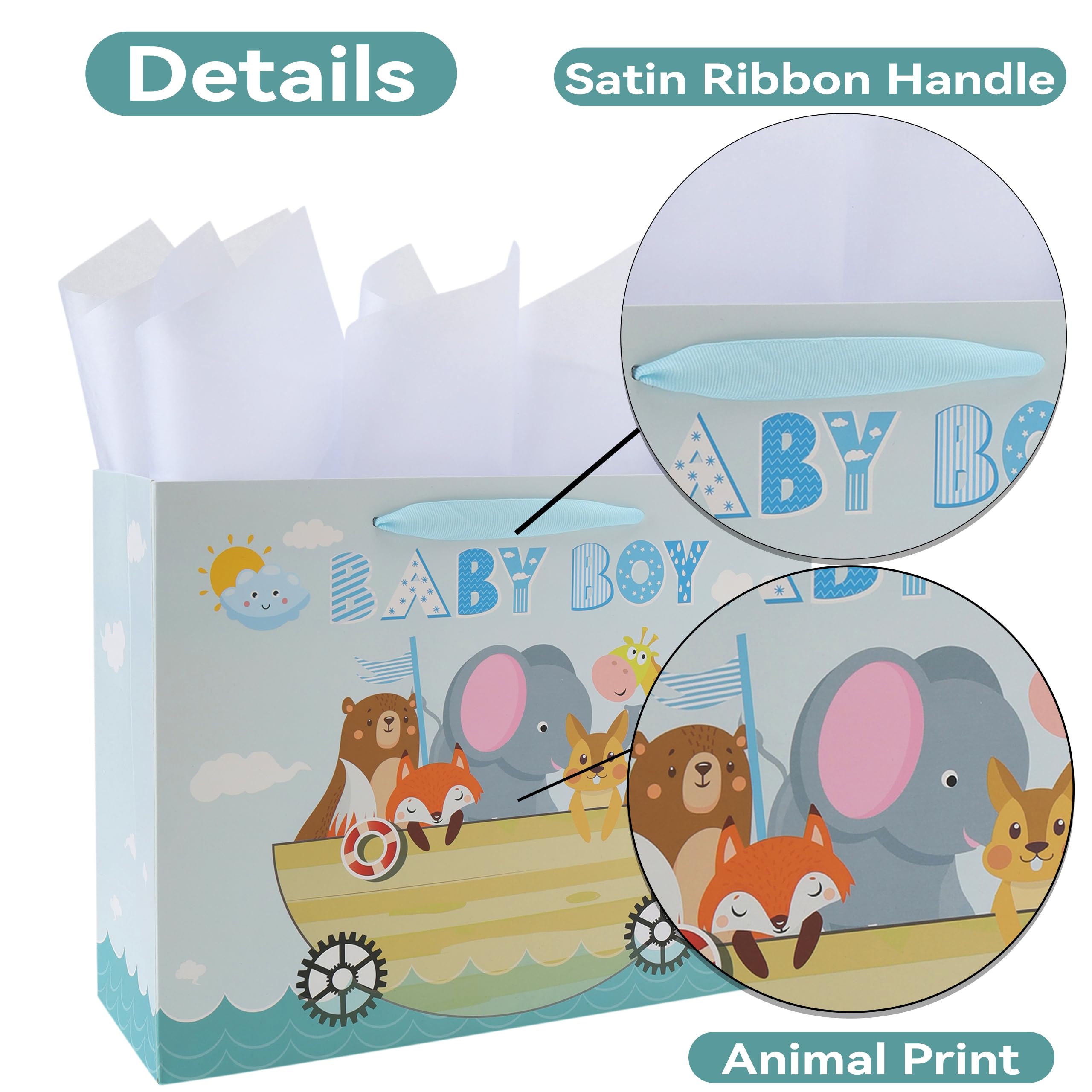 13" Large Baby Blue Gift Bag Set with Greeting Card and Tissue Paper (Animals and ‘Baby Boy’) for Baby Boy, Baby Shower, Boys' Birthday Party - 13”x5.2”x10.2”, 1 Pcs.