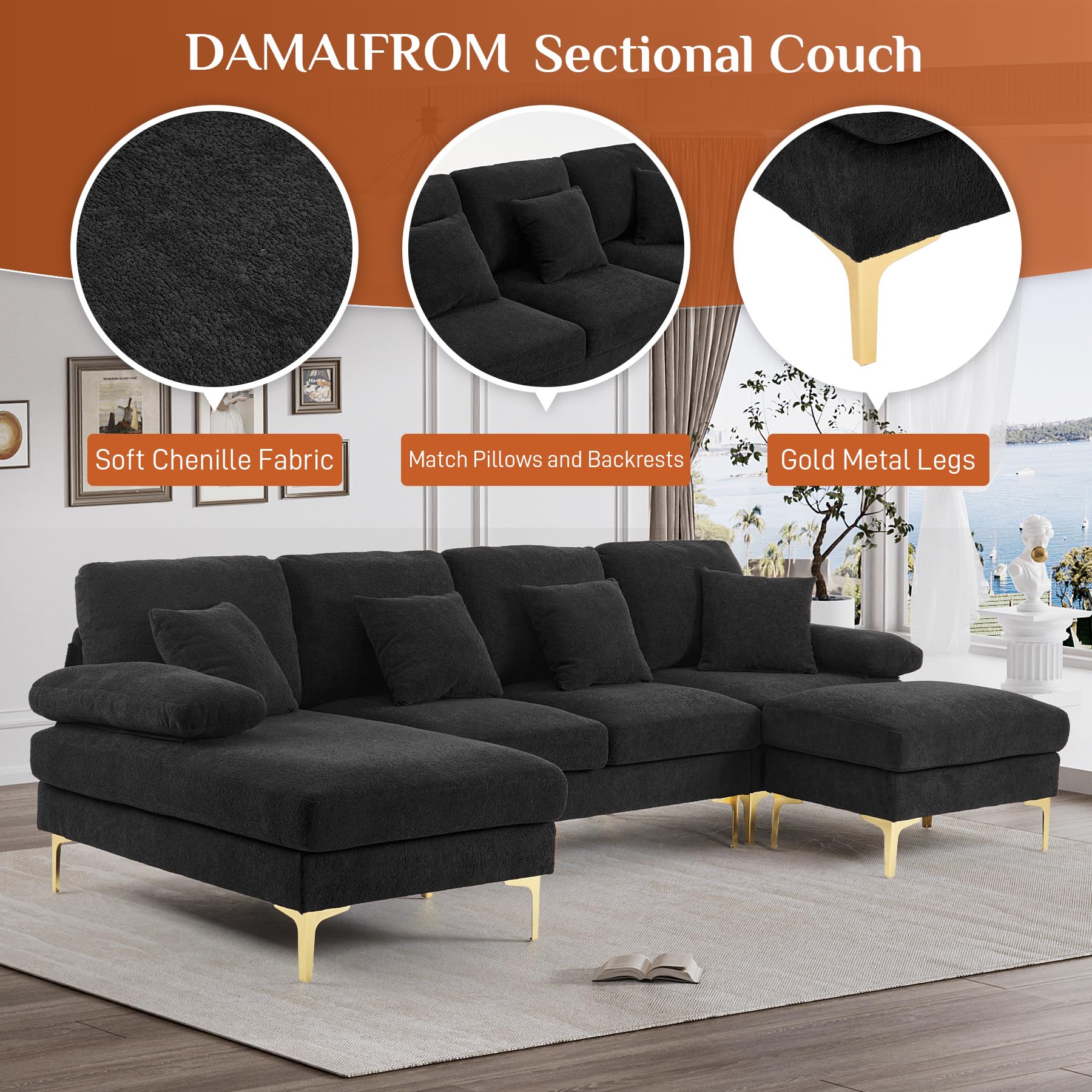 DAMAIFROM 110" U-Shaped Sectional Sofa Couch, Convertible L-Shaped Sectional Sofa with Chaise Lounge, Ottoman, Modern Modular Sofa Sleeper 4 Seater Sofa Set for Living Room, Chenille Fabric(Black)