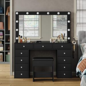 fusou vanity desk with power outlet, makeup vanity with mirror and 12 led lights, 3 lighting modes,11 drawers vanity table with chair, glass top, vanity set for bedroom,dressing room (black)