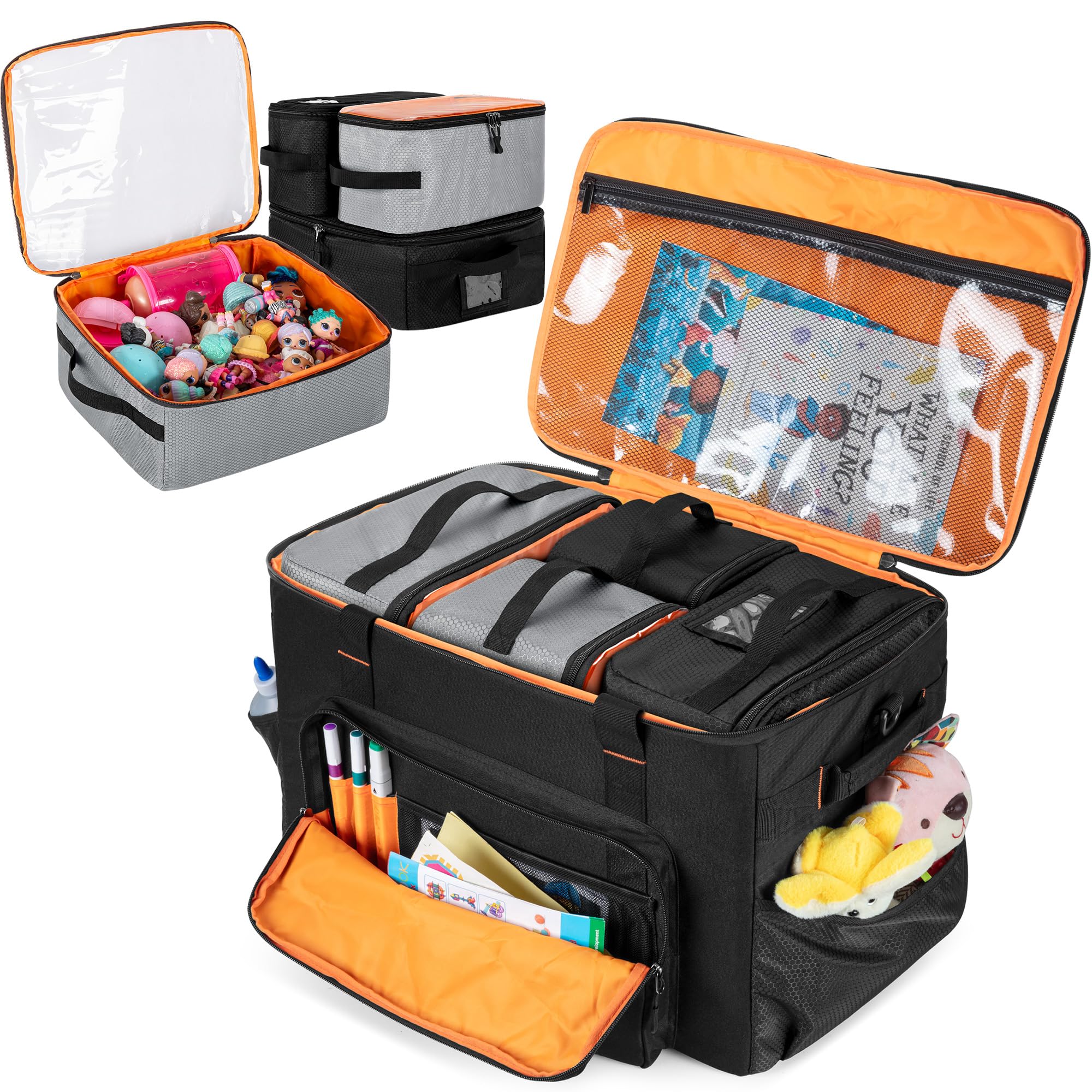 GRAOSO Toy Organizers and Storage, 4 Pcs Toy Packing Cubes with Carrying Case Compatible with Legos, Dolls, Puzzles and More Games, 5-in-one Travel Toy Bag with Hard Bottom