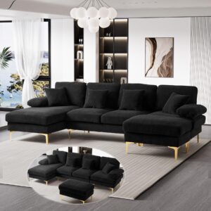 damaifrom 110" u-shaped sectional sofa couch, convertible l-shaped sectional sofa with chaise lounge, ottoman, modern modular sofa sleeper 4 seater sofa set for living room, chenille fabric(black)