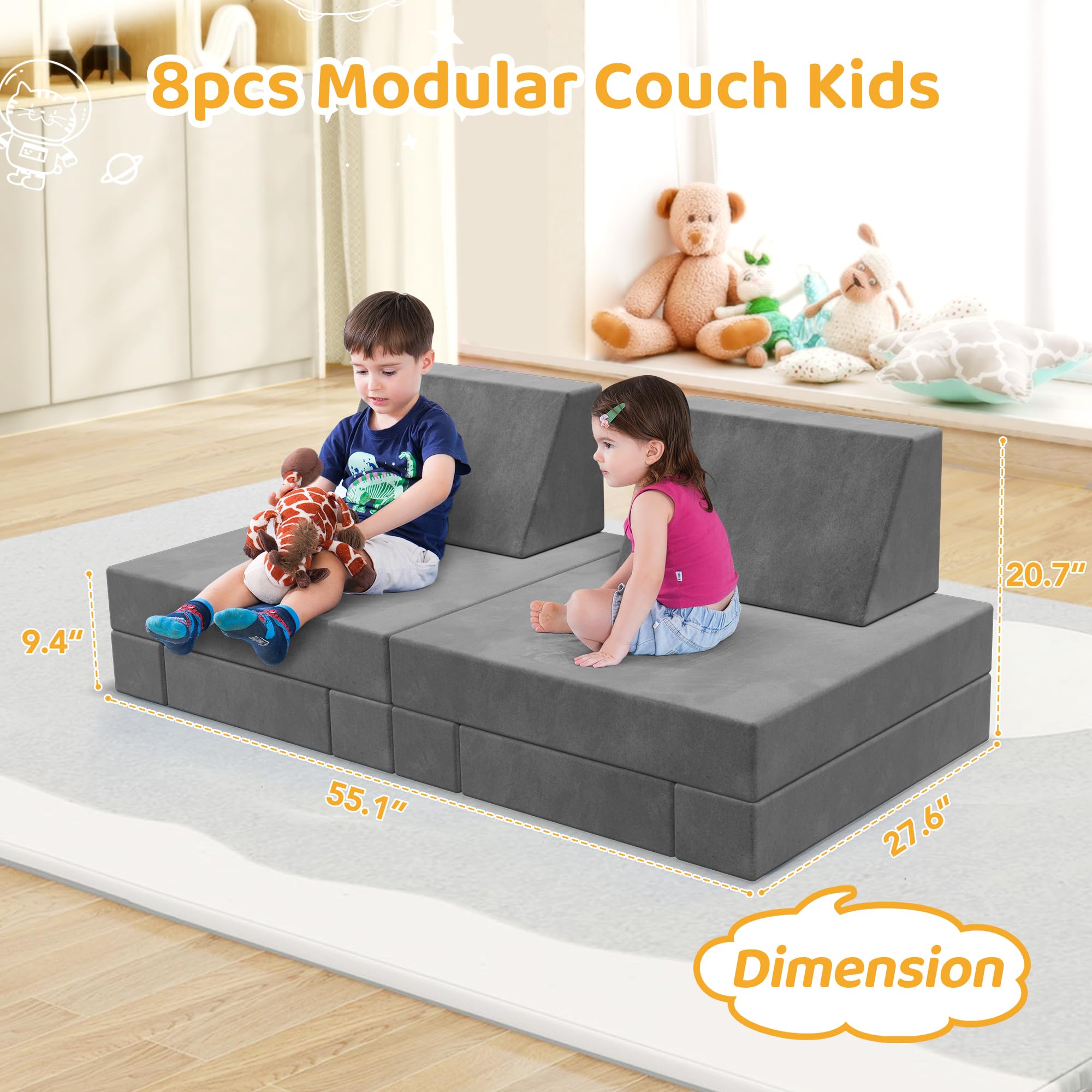 Modular Kids Play Couch Convertible - Toddler & Child Sofa DIY Creativing Play Couch for Playroom Bedroom Nursery Freely Removable Versatile Fold Kids Sofa for Playing