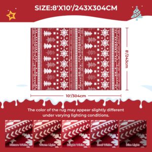 Auemtyn Area Rug, 8x10 Christmas Rug for Living Room, Christmas Area Rug with Non-Slip Backing, Stain Resistant Snowflake Rug for Bedroom,Ultra-Thin Washable Rug for Christmas Decor(8'x10', Red)