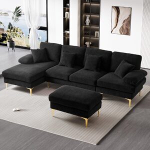 DAMAIFROM 110" U-Shaped Sectional Sofa Couch, Convertible L-Shaped Sectional Sofa with Chaise Lounge, Ottoman, Modern Modular Sofa Sleeper 4 Seater Sofa Set for Living Room, Chenille Fabric(Black)