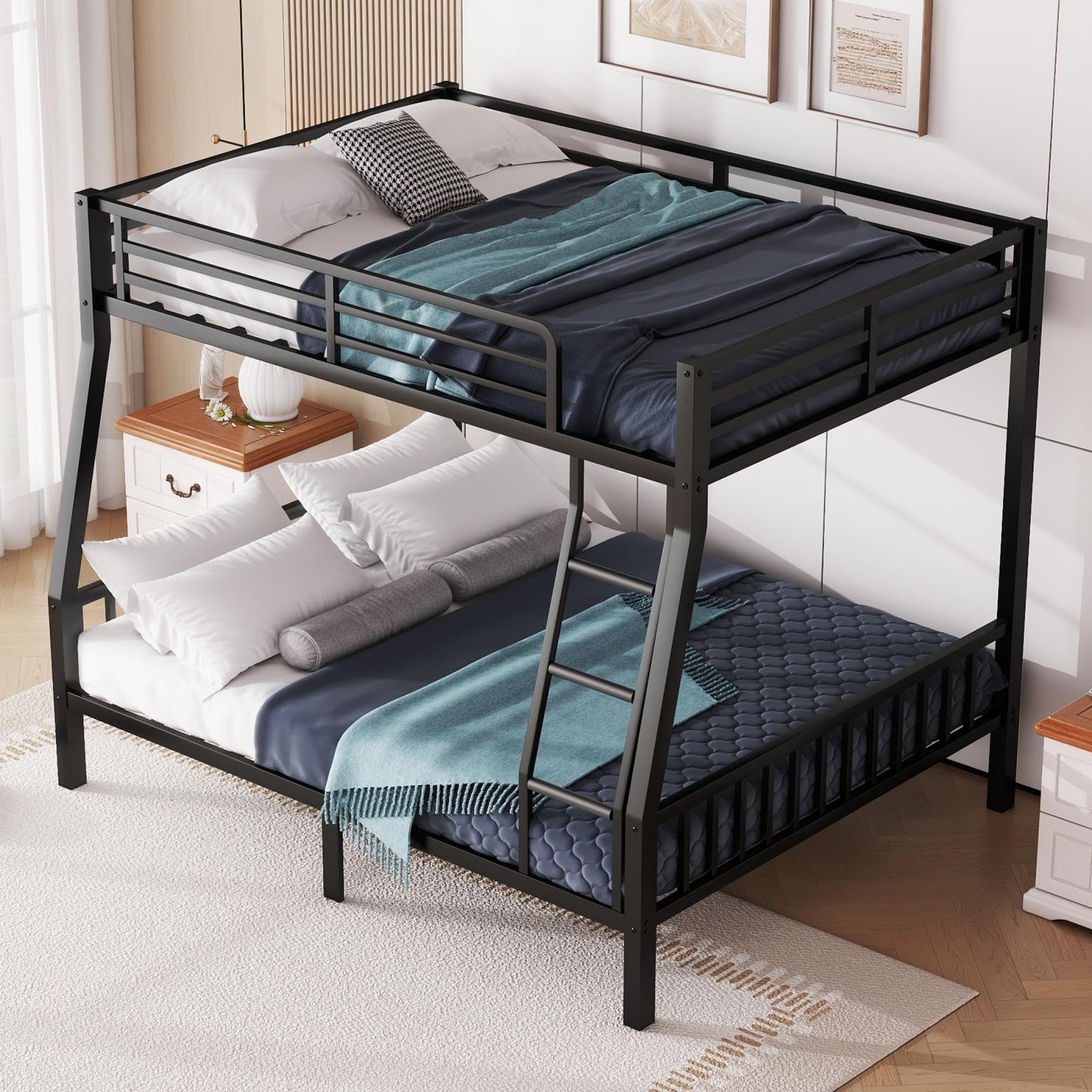 Miscoos Full XL Over Queen Bunk Beds for Adults, Heavy-Duty Metal Bunk Bed Frame with PVC Rubber Cover Ladders and Safety Full-Length Guardrails for Kids Teens Adults, Space-Saving, Black