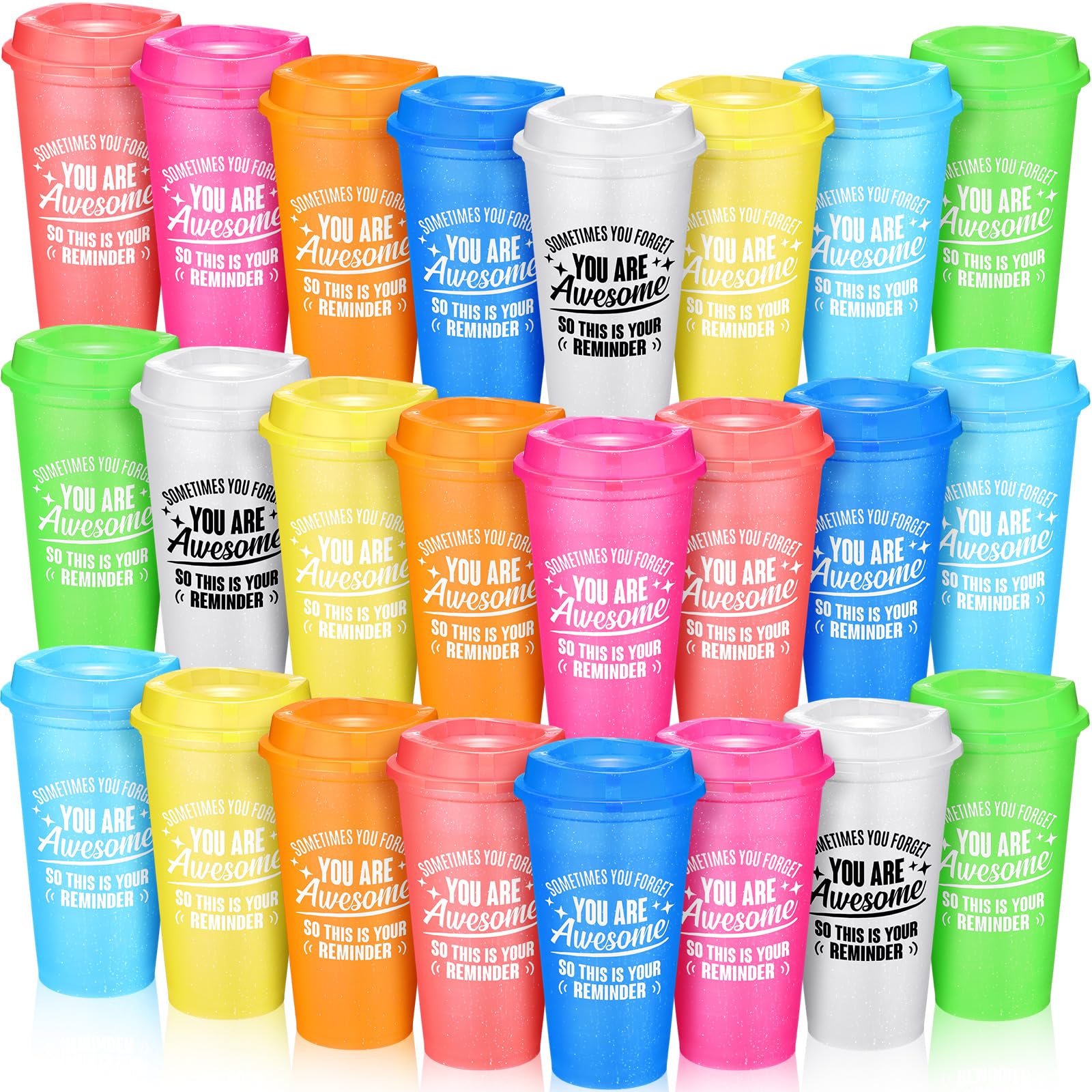 Skylety 24 Pcs Thank You Gifts You Are Awesome Coffee Cups with Lid 16 oz Plastic Tumblers Bulk Inspirational Christmas Appreciation Gift for Employee Coworker Teacher Colleague (Bright Colors)