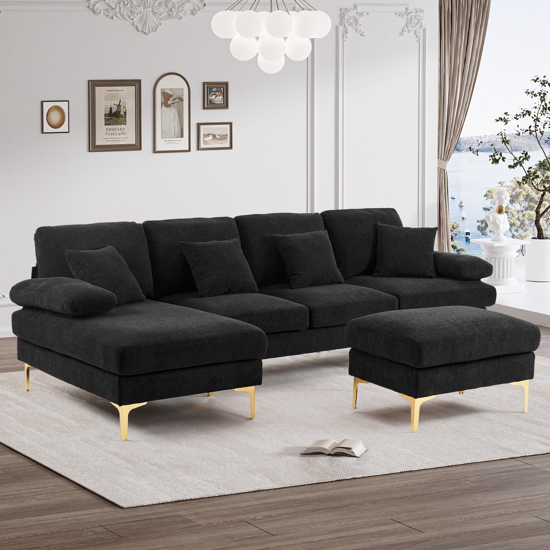 DAMAIFROM 110" U-Shaped Sectional Sofa Couch, Convertible L-Shaped Sectional Sofa with Chaise Lounge, Ottoman, Modern Modular Sofa Sleeper 4 Seater Sofa Set for Living Room, Chenille Fabric(Black)