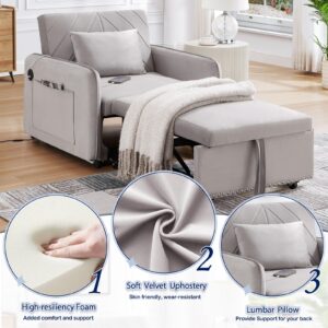 KINFFICT 3-in-1 Sleeper Chair, Convertible Chair Bed Pull Out Sleeper Chair Beds Adjustable Single Armchair Single Sofa Bed with USB Ports, Side Pocket for Living Room, Apartment, Office