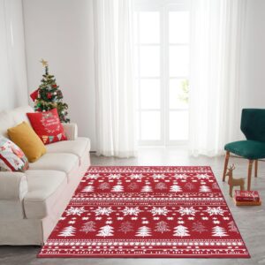 Auemtyn Area Rug, 8x10 Christmas Rug for Living Room, Christmas Area Rug with Non-Slip Backing, Stain Resistant Snowflake Rug for Bedroom,Ultra-Thin Washable Rug for Christmas Decor(8'x10', Red)