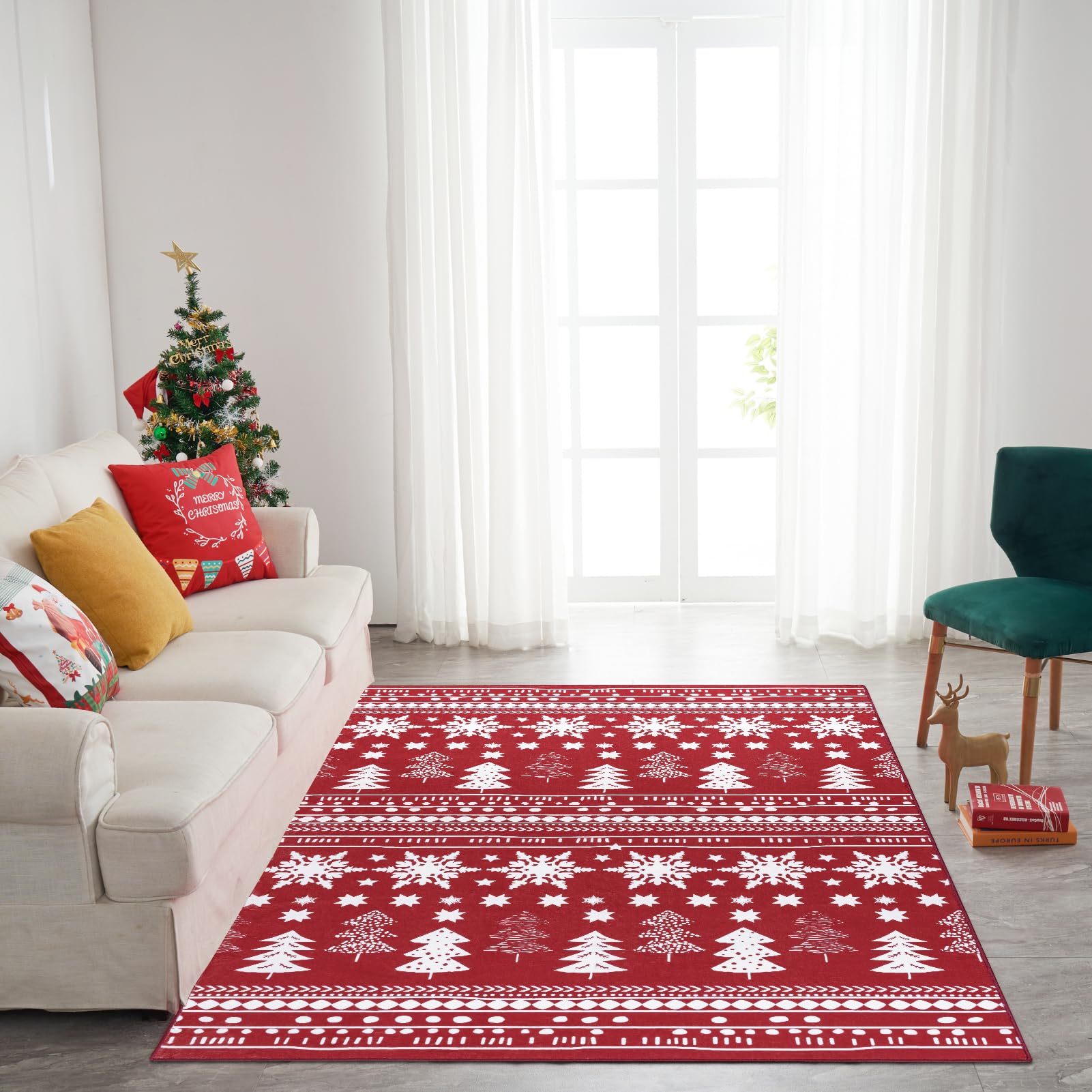 Auemtyn Area Rug, 8x10 Christmas Rug for Living Room, Christmas Area Rug with Non-Slip Backing, Stain Resistant Snowflake Rug for Bedroom,Ultra-Thin Washable Rug for Christmas Decor(8'x10', Red)