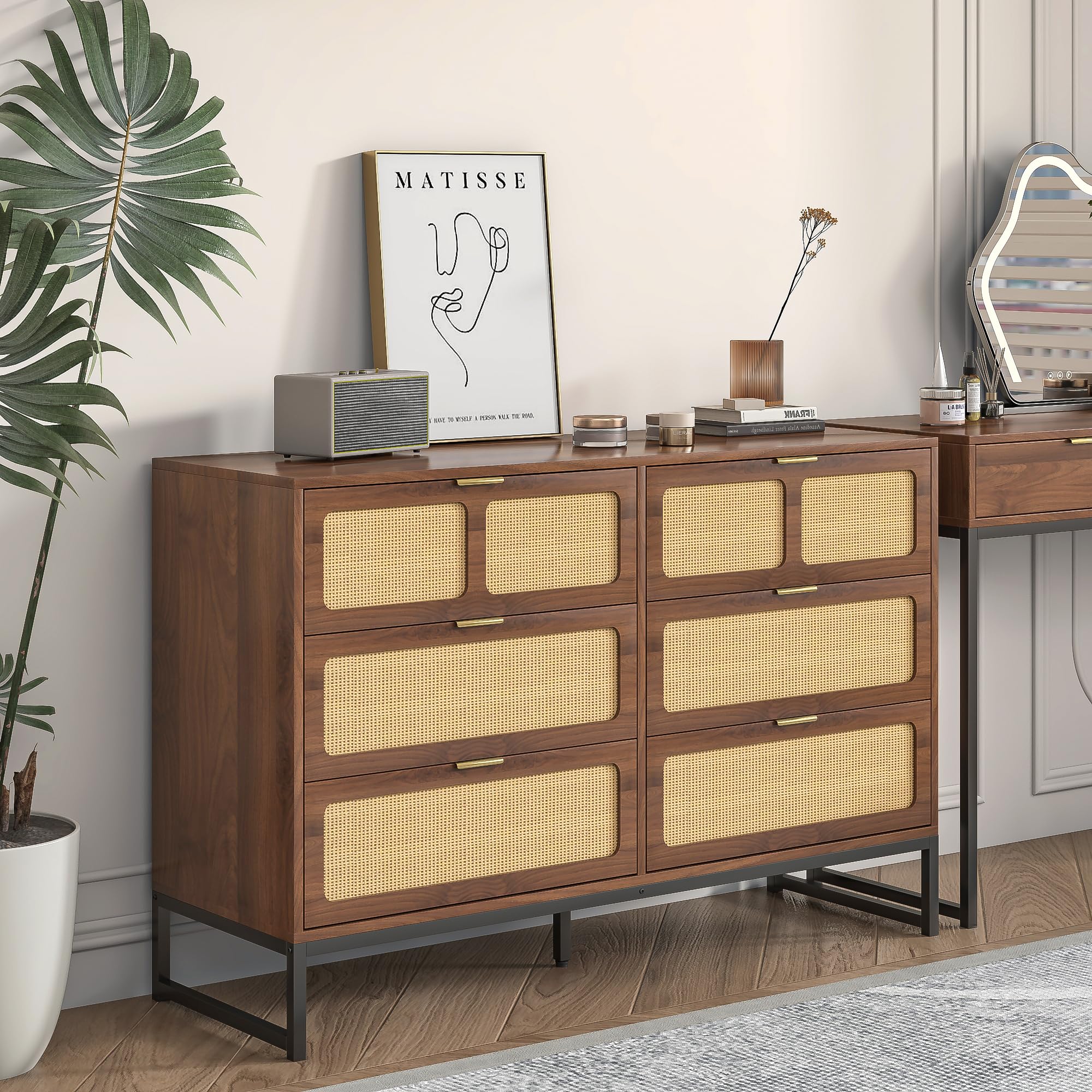 Rattan 6 Drawer Dresser Mid Century Modern Dresser Chest of Drawers Boho Farmhouse 6 Drawer Cabinet with Wide Drawers Metal Legs Storage Dressers Chest for Bedroom, Living Room