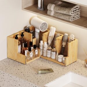 lumamu bamboo bathroom organizer with acrylic panels, corner countertop storage for hair dryer, cosmetics, and toiletries, multipurpose vanity caddy for home, makeup, and bathroom essentials