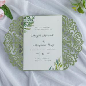 ponatia 25PCS 5.12 x 7.1 '' Sage Green Laser Cut Wedding Invitations Cards with Envelopes for 5x7 Invitation Cards Wedding Baby Bridal Shower Engagement Sweet 16 Birthday Invite