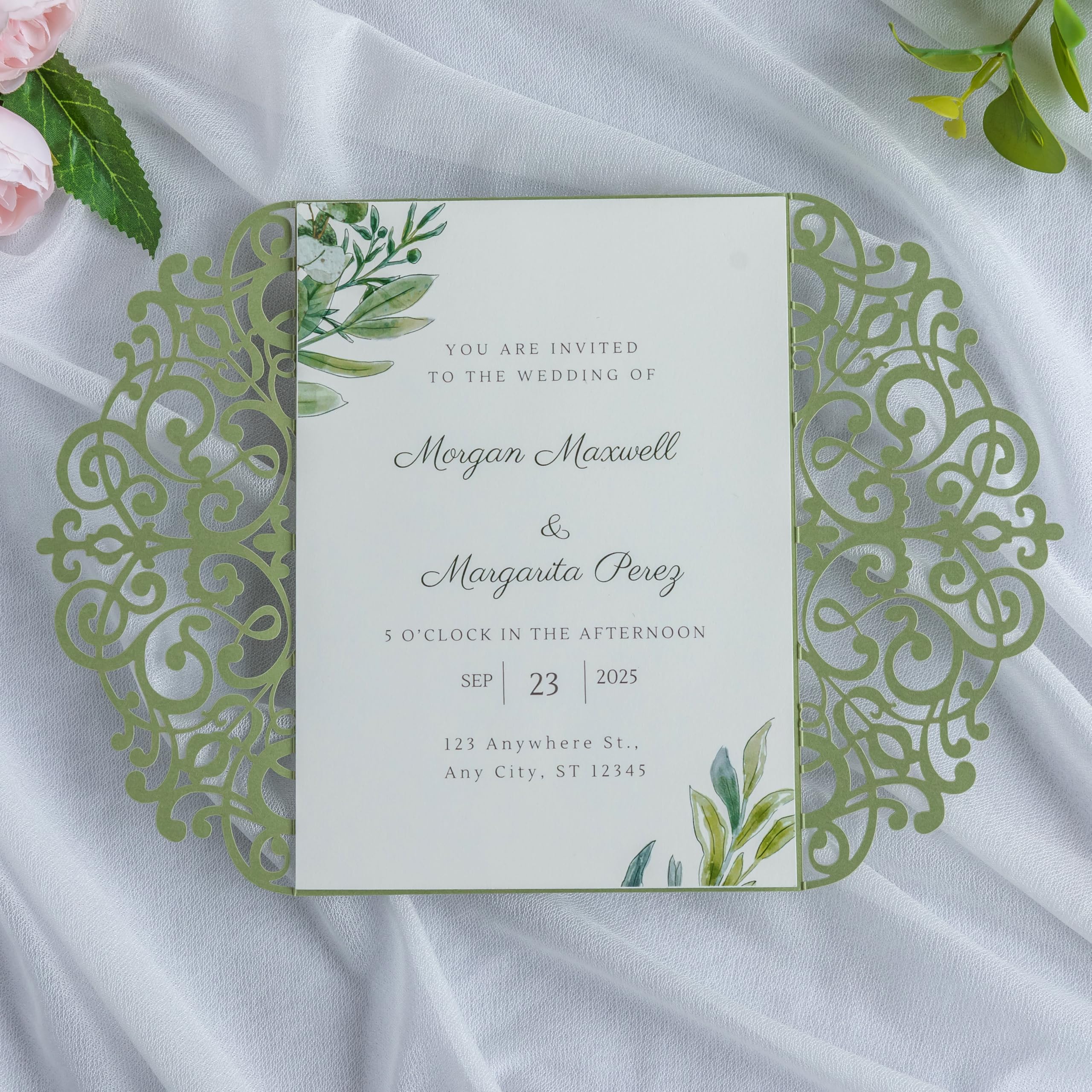 ponatia 25PCS 5.12 x 7.1 '' Sage Green Laser Cut Wedding Invitations Cards with Envelopes for 5x7 Invitation Cards Wedding Baby Bridal Shower Engagement Sweet 16 Birthday Invite