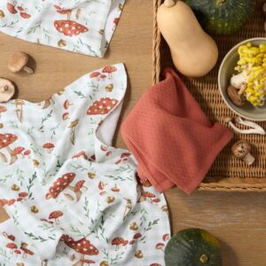 Martha Stewart Autumn Harvest Mushroom Plaid Kitchen Towel 3-Pack Set, 100% Cotton with Absorbent Terrycloth, Decorative Kitchen Towels, Burnt Orange/Green/White, 16"x28"